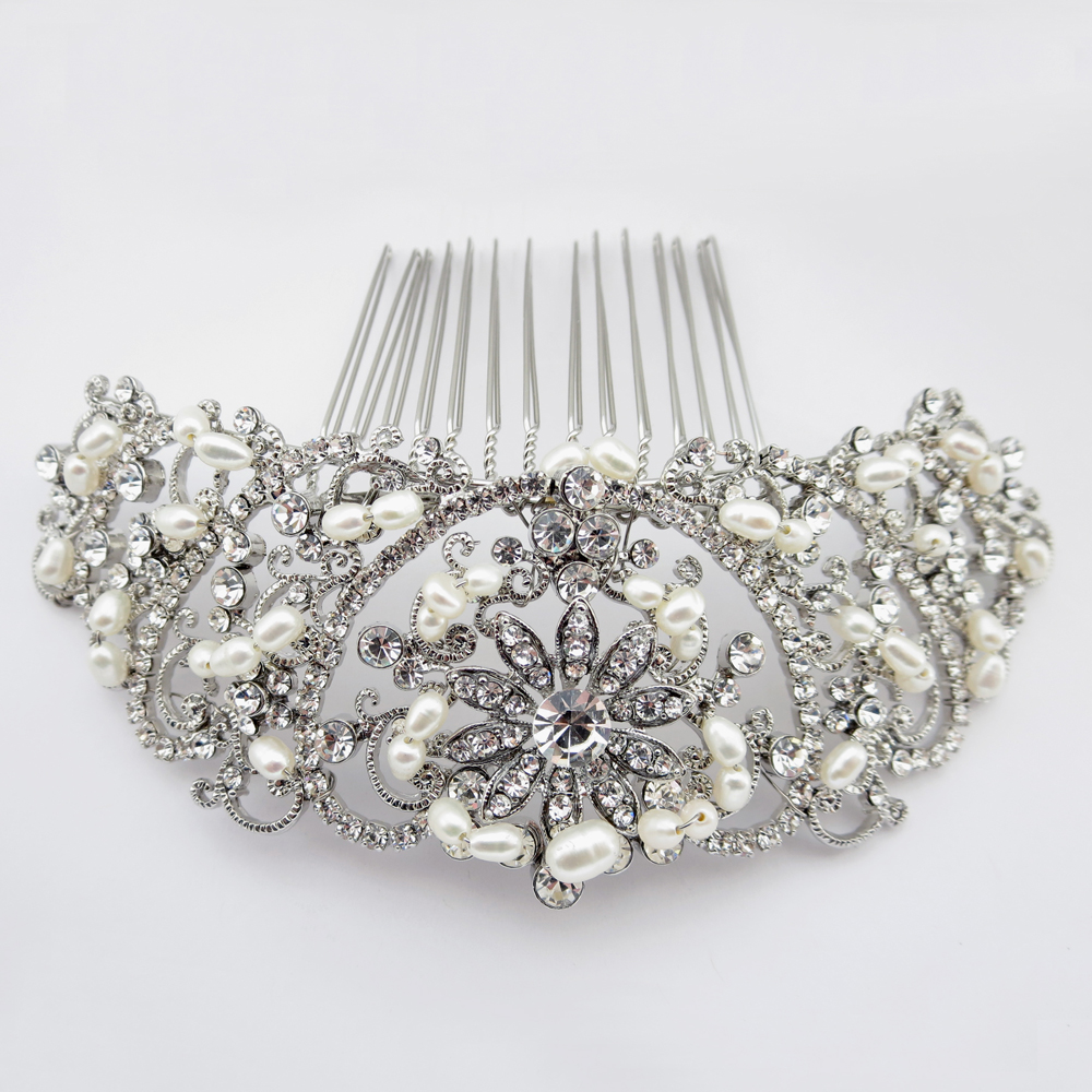 Silverbloom Rhinestone Lace & Pearl Comb - Elegant Bridal Hair Accessories